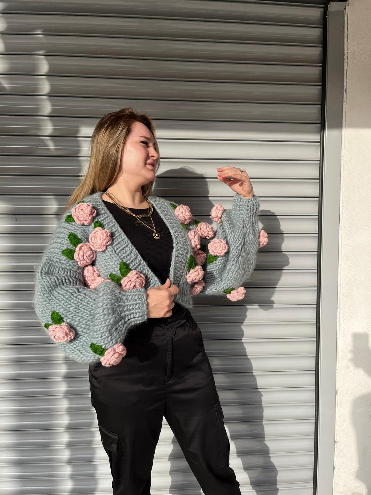 Pink Roses Cardigan , Chunky Cropped Cardigan for Woman , White Sweater ...