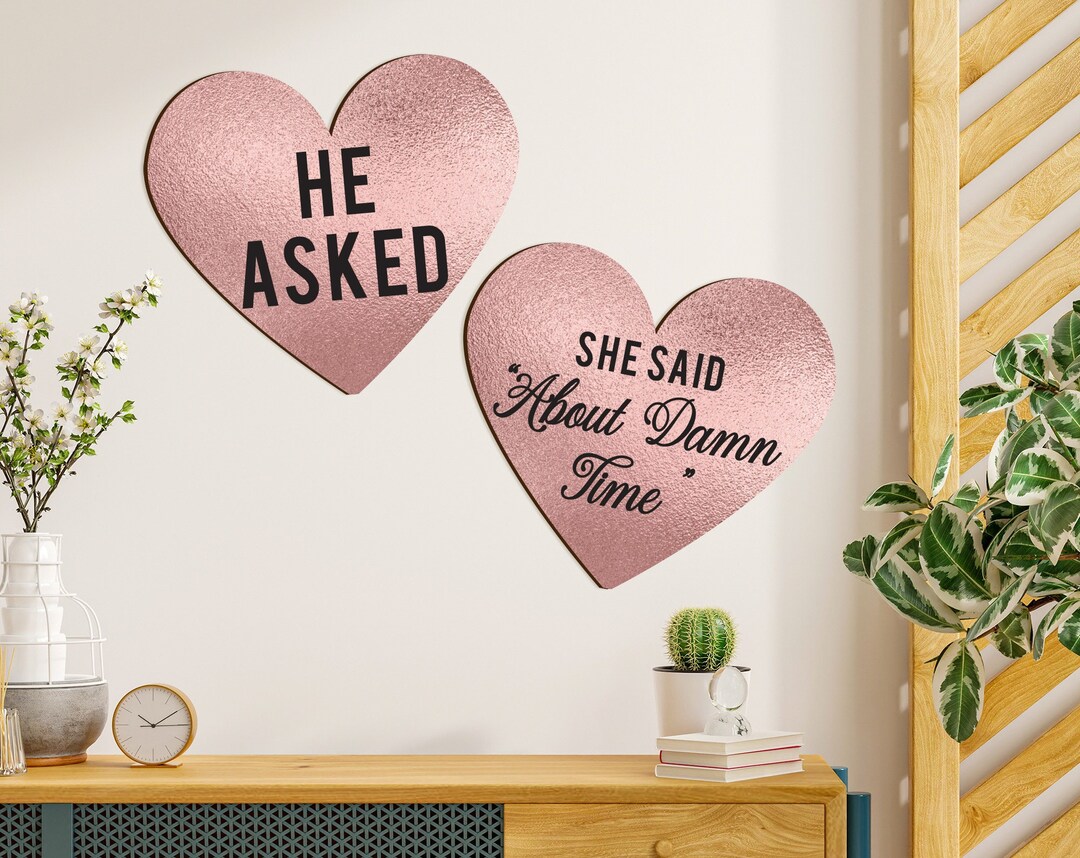 Set of 2 He Asked She Said "about Damn Time" Personalized Wedding Wood ...