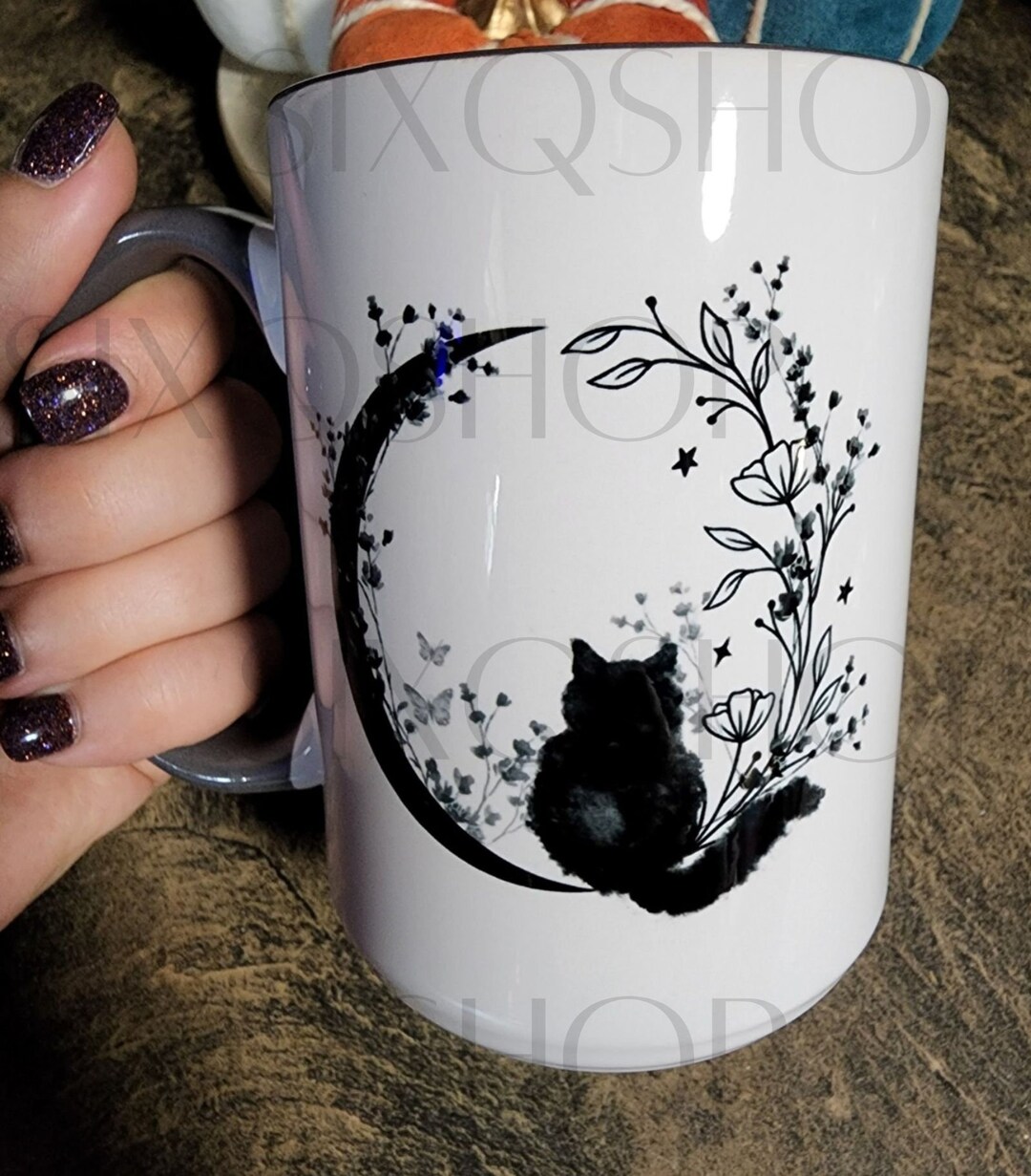 Watercolor Black Cat Mug//cat & Floral Moon Mug//double Sided Coffee ...
