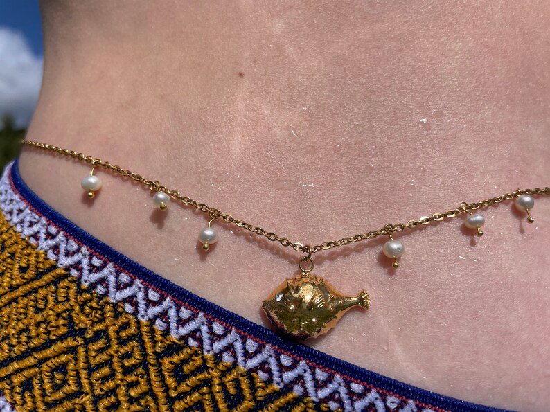 Waist Chain With Pufferfish Charm and Freshwater Pearls Gold Plated ...
