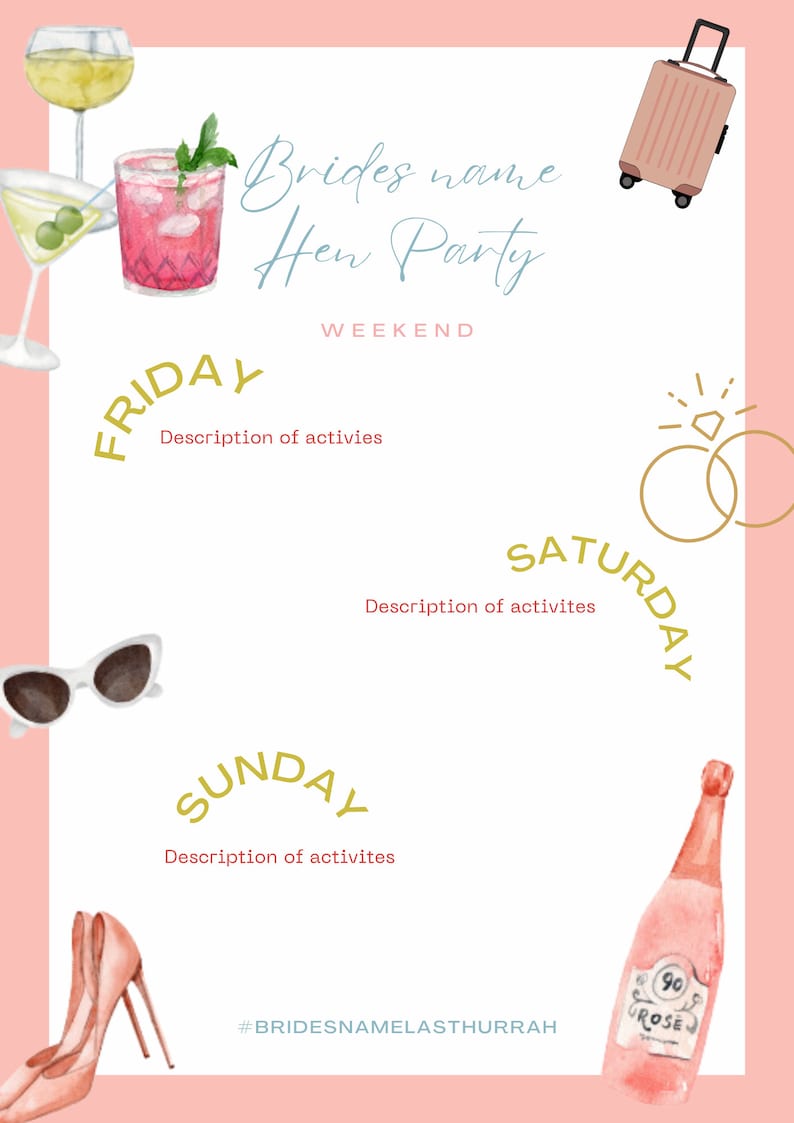 Personalized Hen Party Itinerary | Bridal Shower Keepsake (digital ...