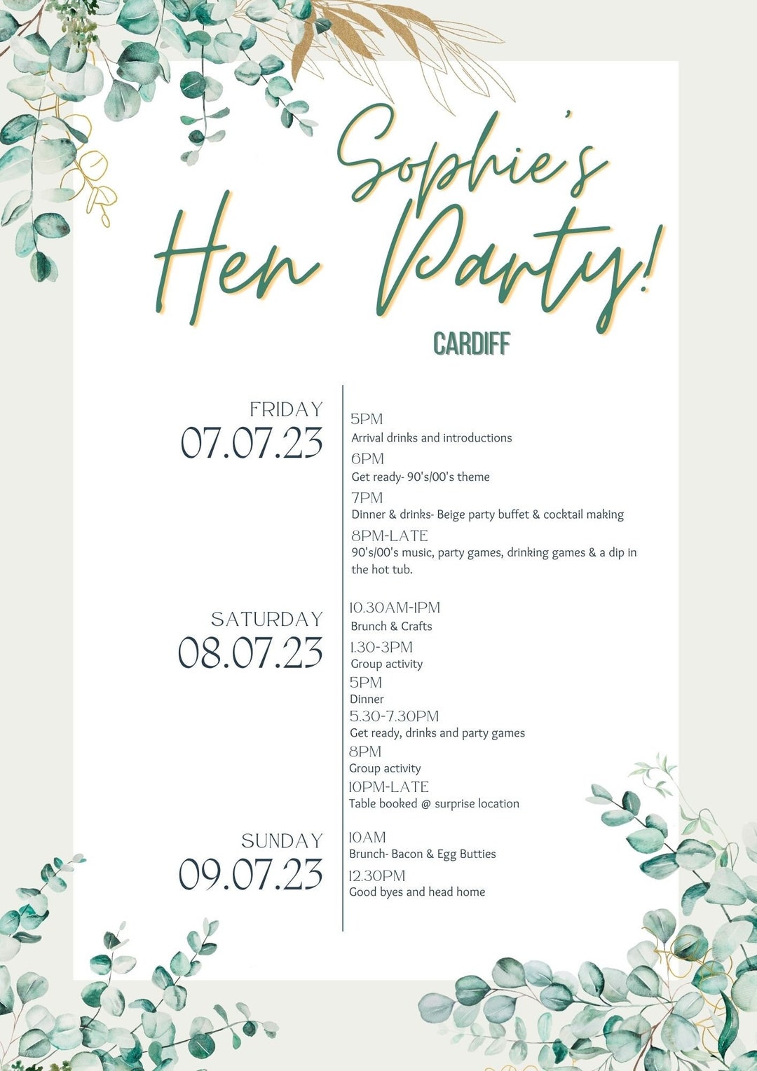 Personalised Hen Party Itinerary, Gold and Eucalyptus, Weekend ...