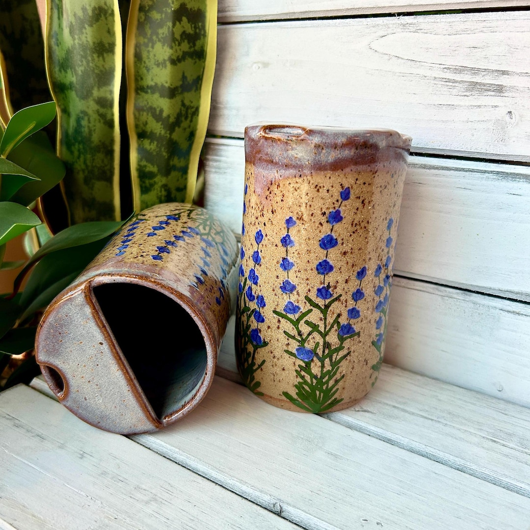 Handmade Lavender Ceramic Travel Mug, Floral Half Lid Tumbler, Various ...