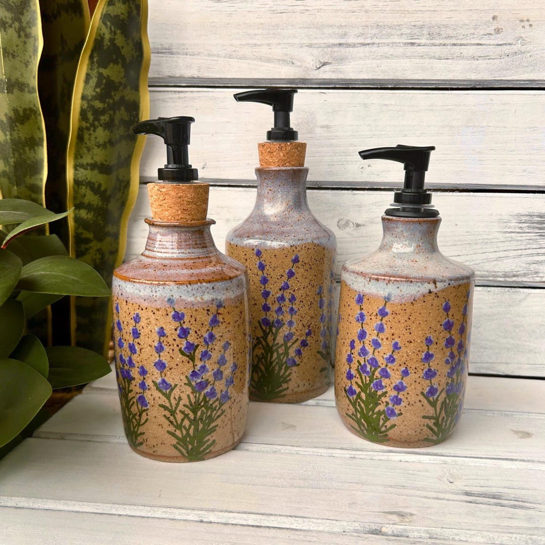 Handmade Ceramic Pump Dispenser, Hand Painted Lavender Soap Dispenser ...