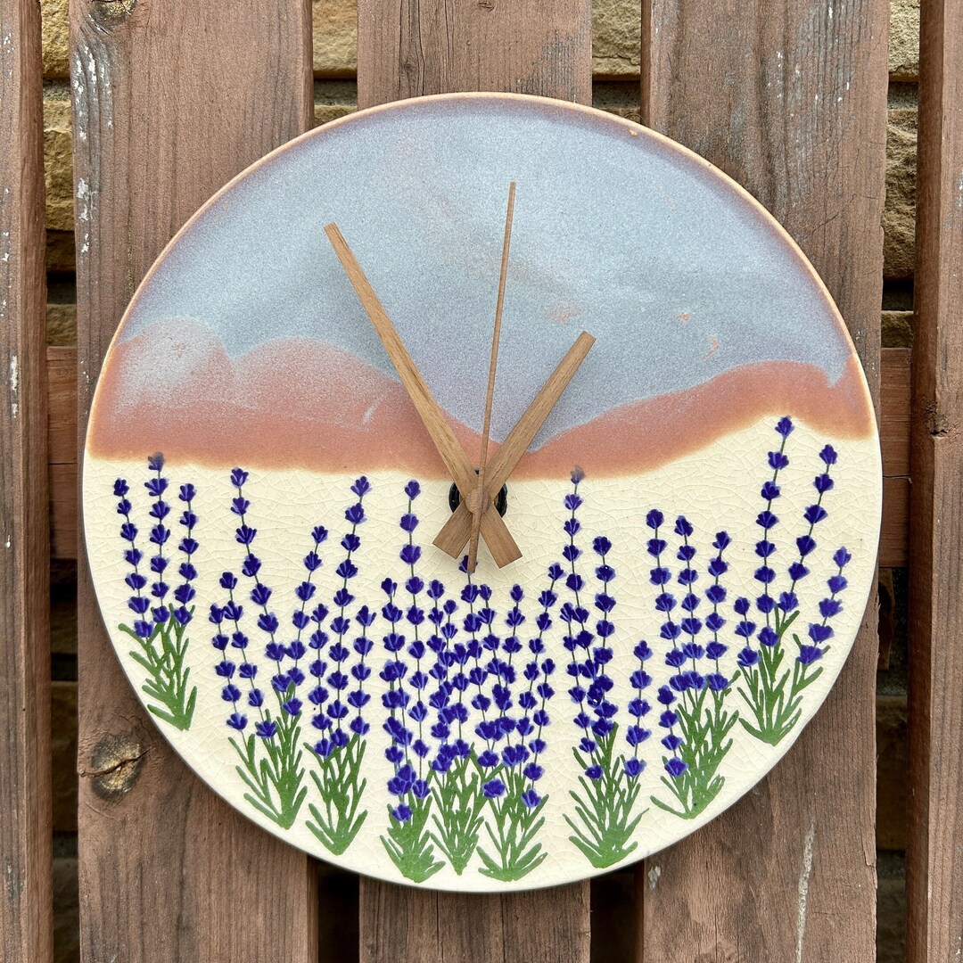 Handmade Ceramic Clock, Hand Painted Ceramic Lavender Wall Clock 11 ...