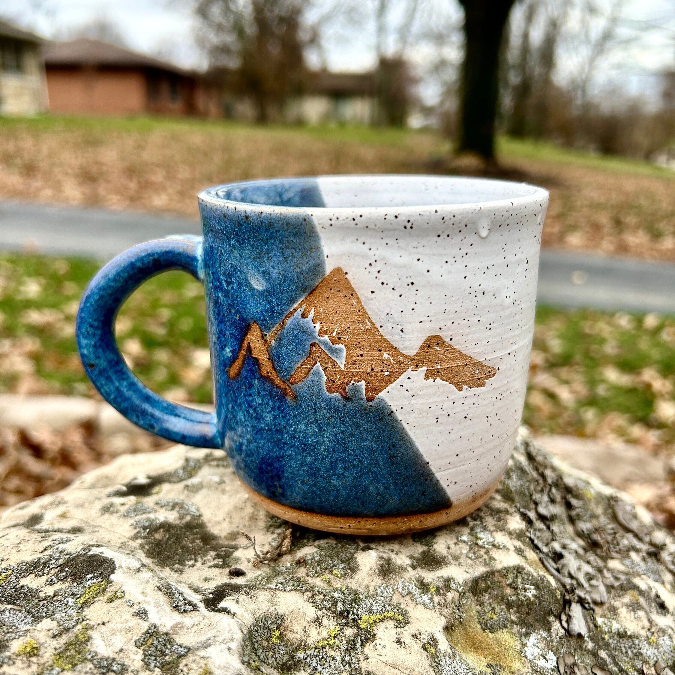 16oz Resist Mountain Mug, Blue and White Glaze On Speckled Brown Stone ...