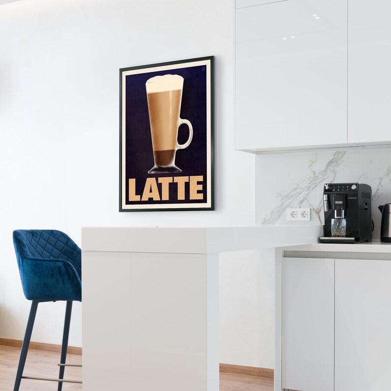 Latte Glass Coffee Poster, Latte Coffee Art, Vintage Style Coffee Print ...