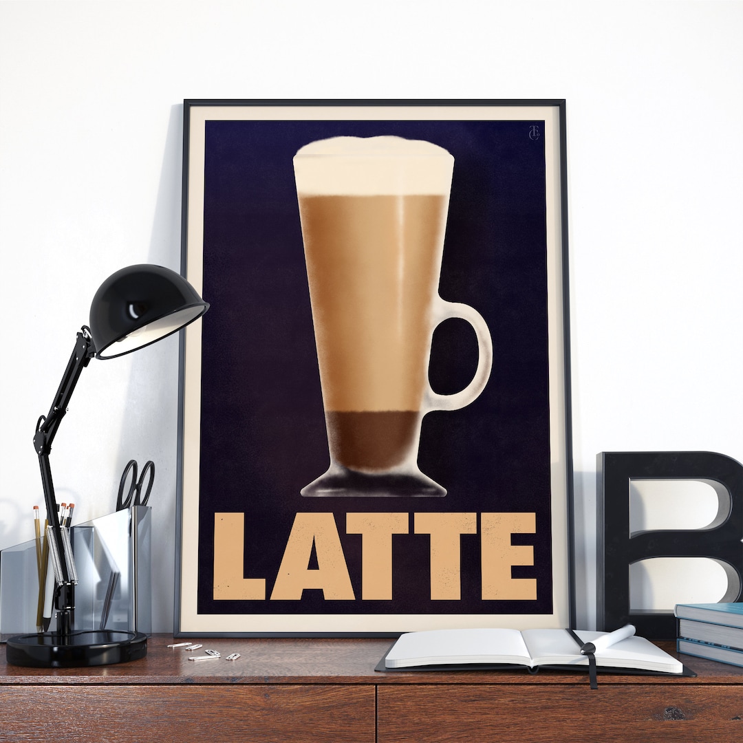 Latte Glass Coffee Poster, Latte Coffee Art, Vintage Style Coffee Print ...