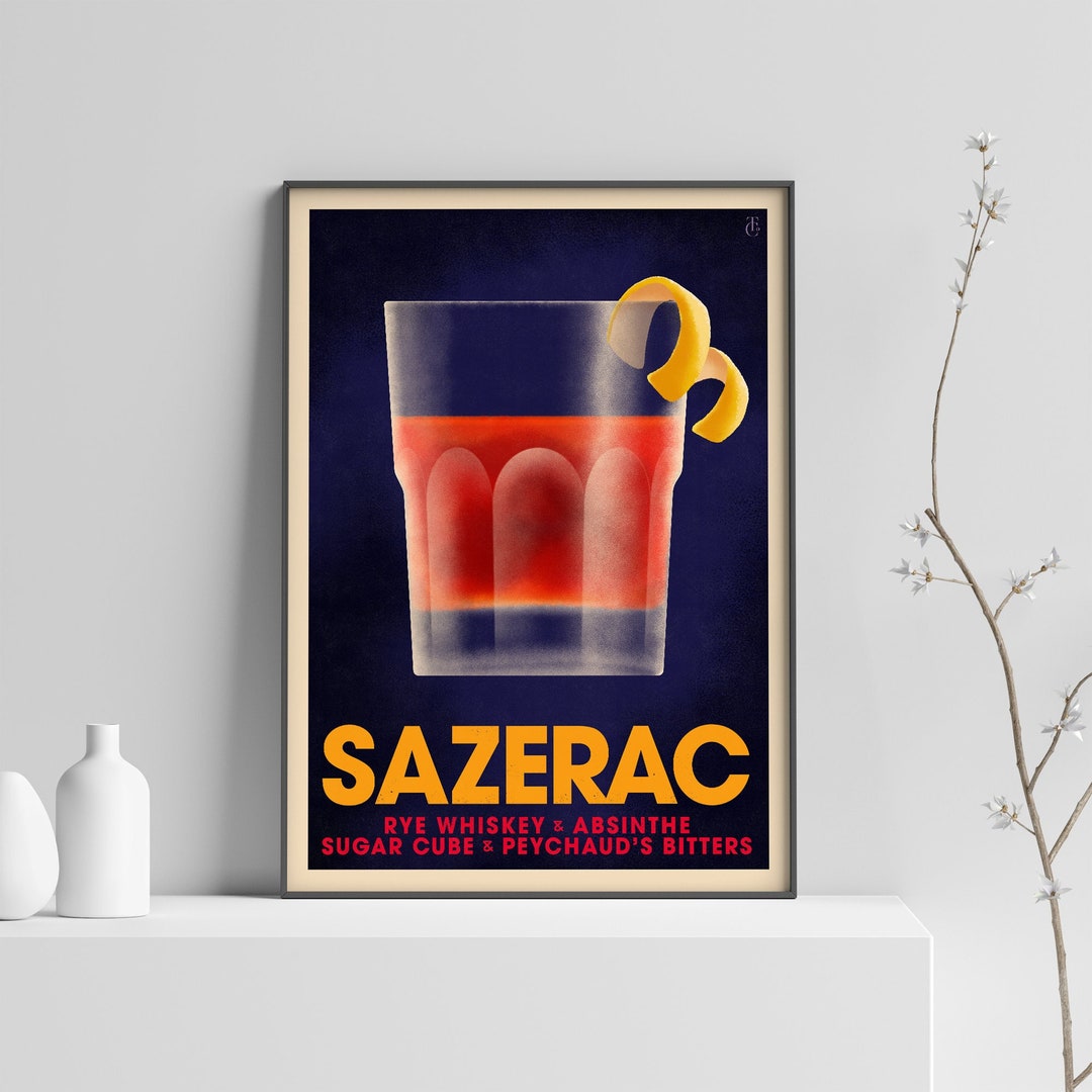 Sazerac Cocktail Poster, Vintage Style Cocktail Print, Whiskey Cocktail ...