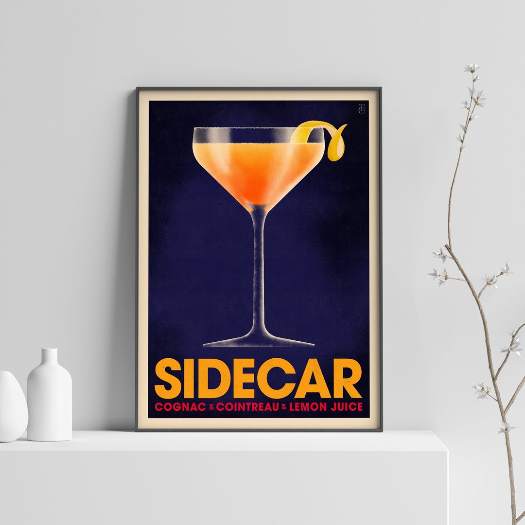 Sidecar Cocktail Poster, Vintage Style Cocktail Print, Retro Bar Art ...