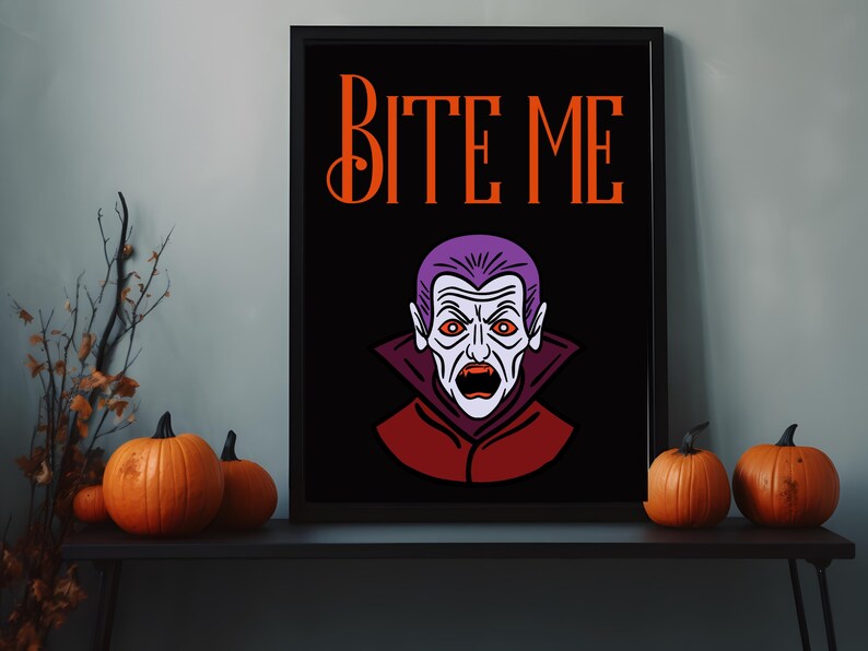 Printable Vampire “bite Me” Halloween Wall Art | Spooky Funny Party ...