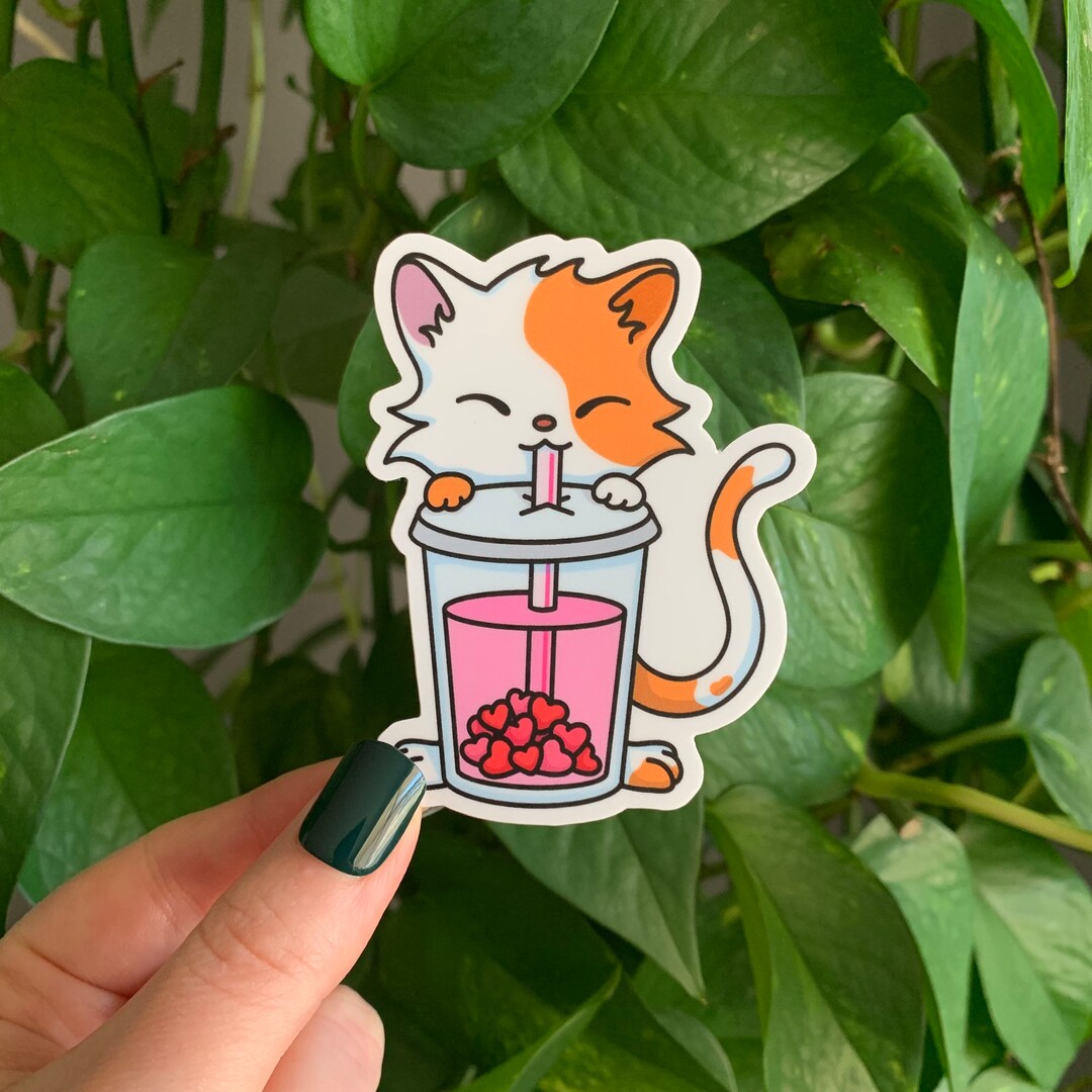 Cat Drinking Heart Boba Vinyl Sticker - Etsy