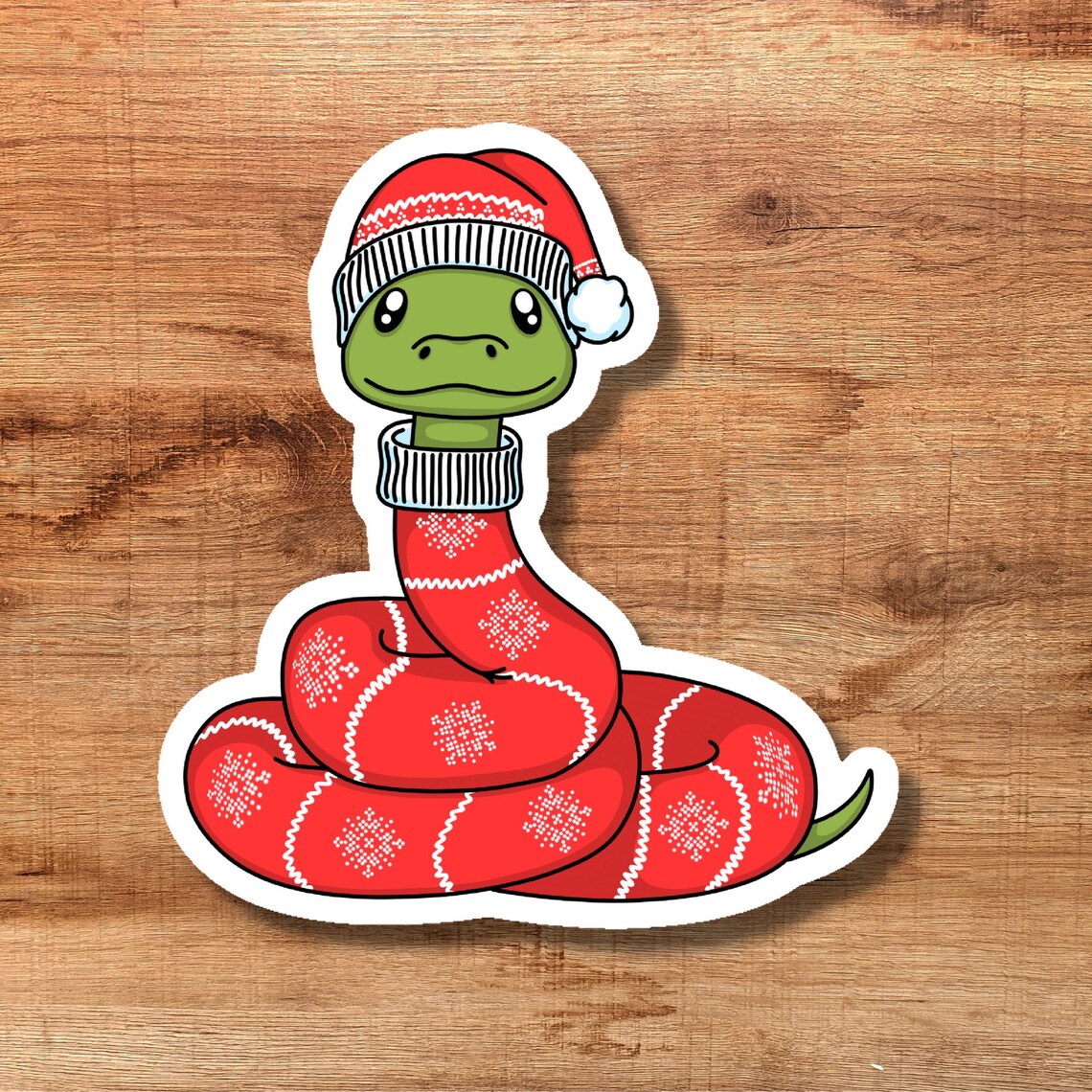 Cute Little Green Snake in a Cozy Red Sweater With Snowflake Design and ...