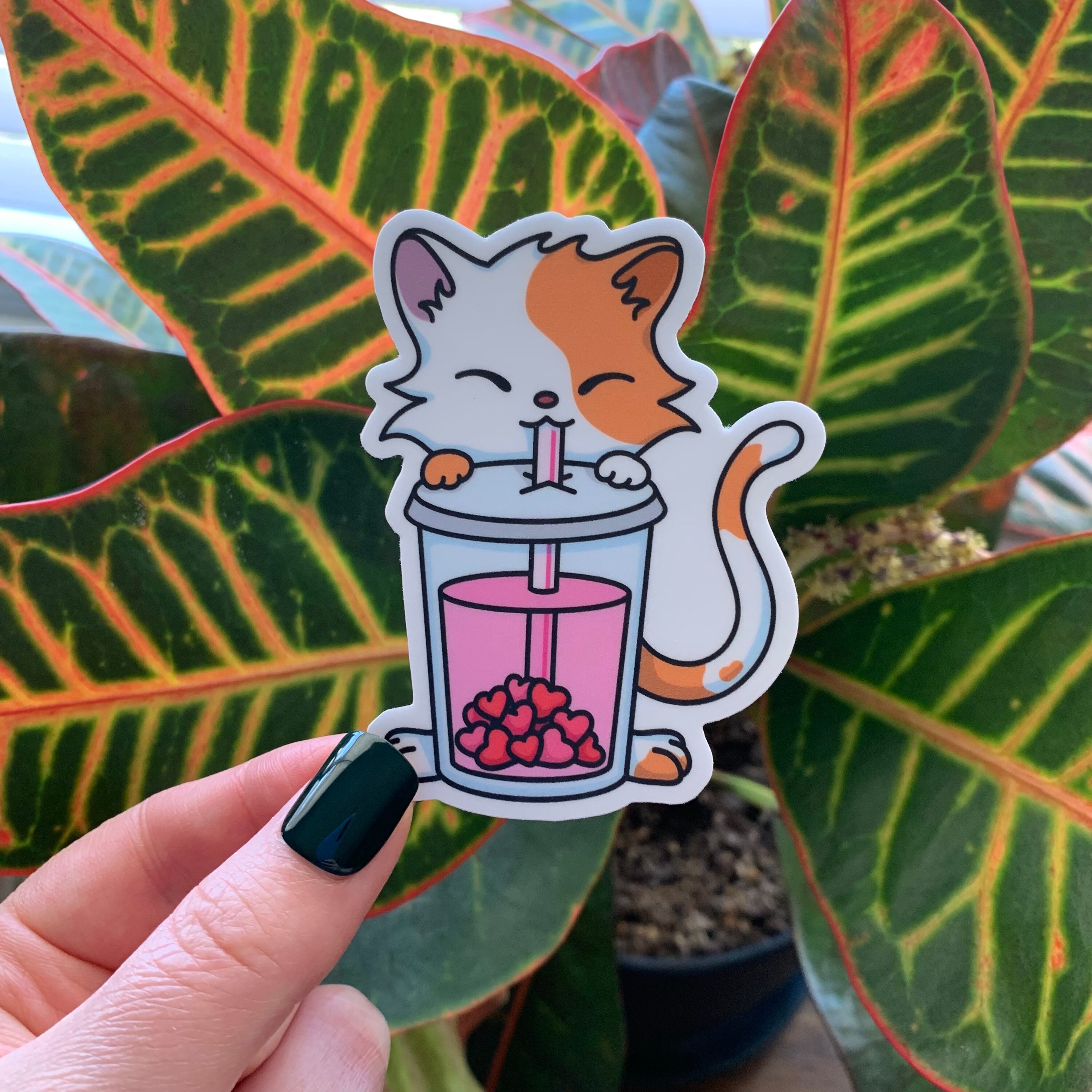 Cat Drinking Heart Boba Vinyl Sticker - Etsy