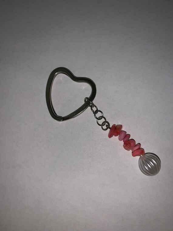Pink and White Beaded Keychain With Heart Keyring | Etsy