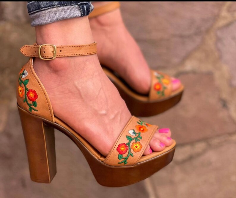 Embroidered Floral Leather Heels, Mexican Fiesta Style - Etsy