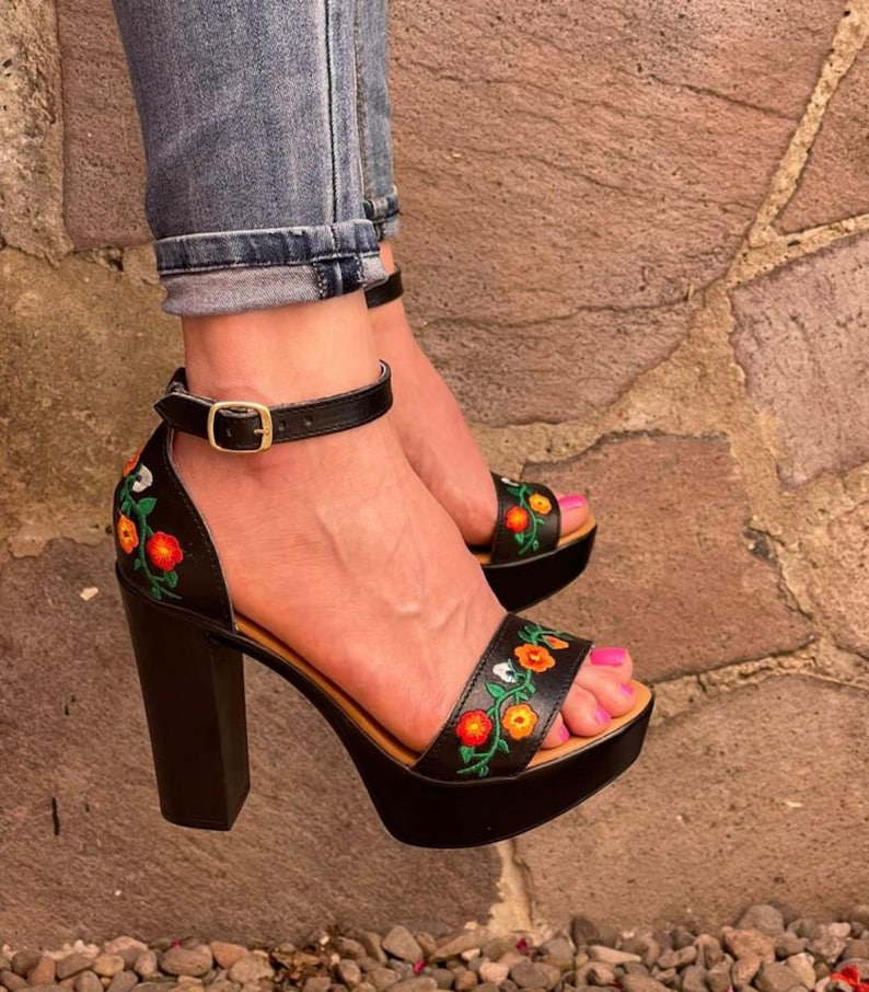 Embroidered Floral Leather Heels, Mexican Fiesta Style - Etsy