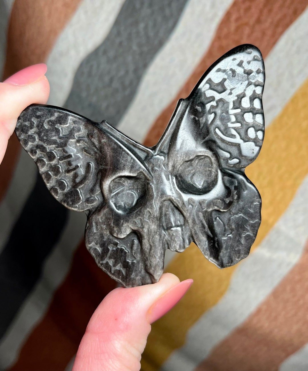Silver-sheen Obsidian Skull Moth Carving - Etsy
