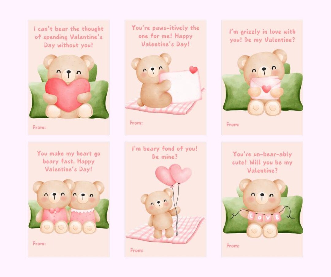 Printable Bear Valentine Cards, Kids Valentine, Girls Valentine ...