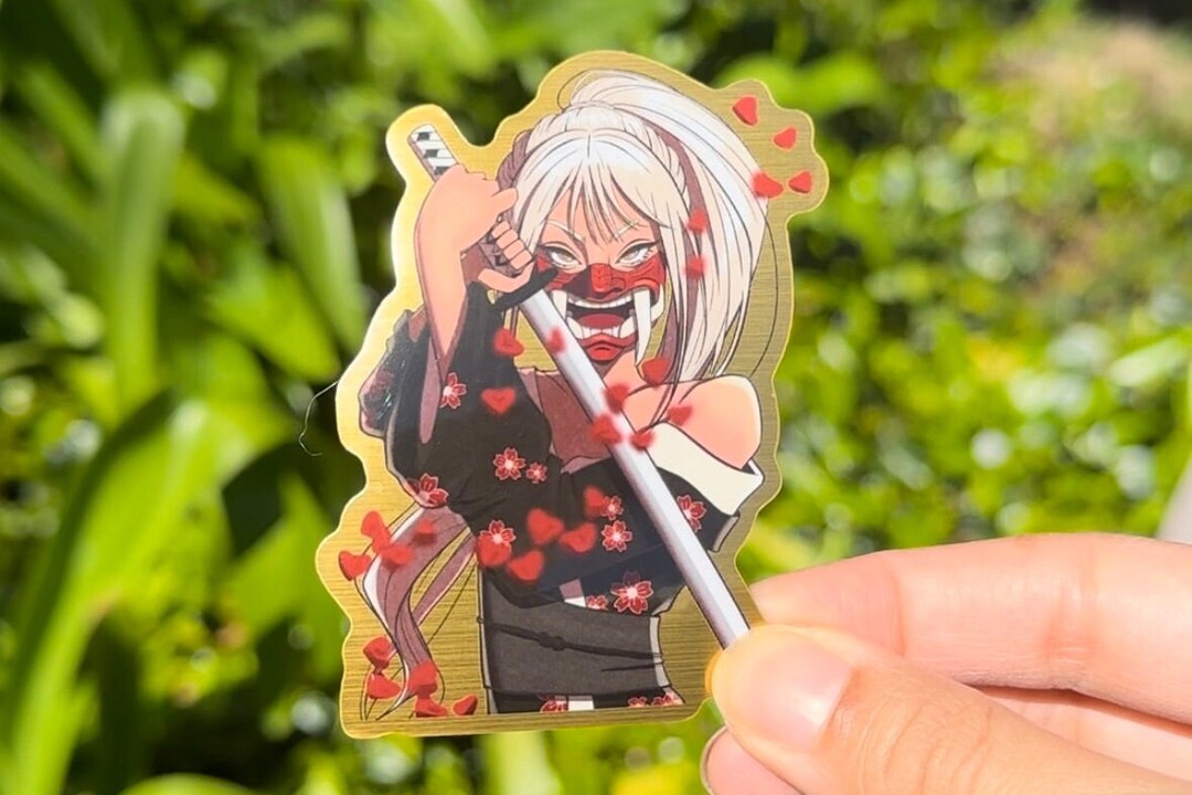 Slayer Girl Gold Brushed Sticker - Girl With Oni Mask Decal - Japanese ...