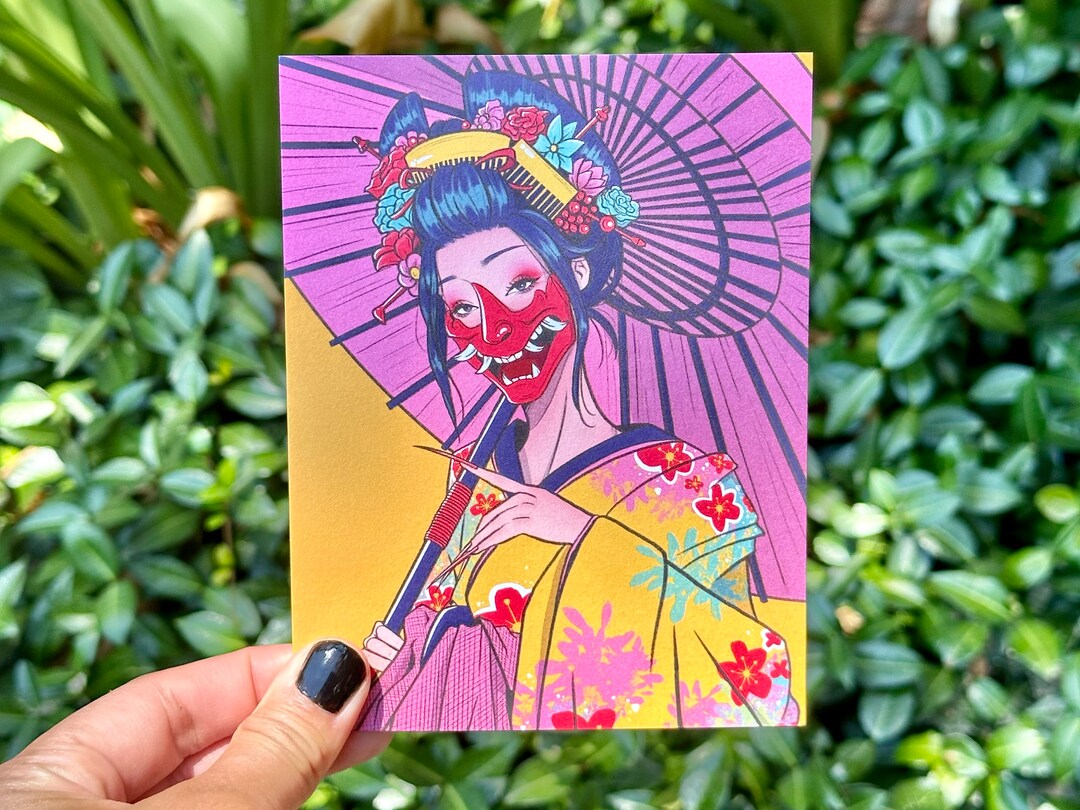 Geisha With Oni Mask Postcard Japanese Yokai Kimono Original Mini Art ...