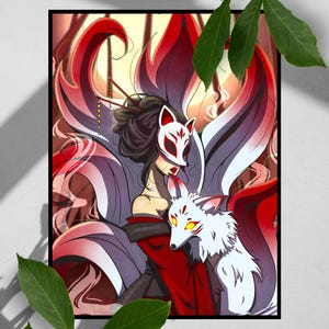 Kitsune 12x18 Poster Nine Tails Yokai Fox Mask Large Art Print Original ...