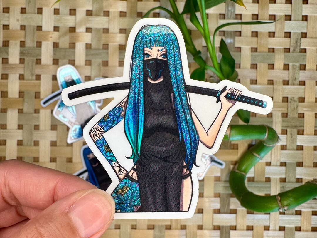 Ninja Girl With Sword Blue Hair Glitter Sticker Kunoichi Pixie Dust ...