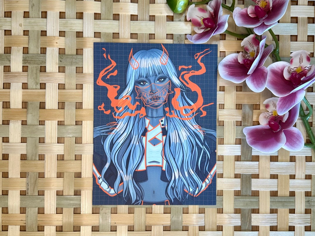 Neon Oni Mask Girl Postcard Japanese Girl in Street Fashion Clothes ...