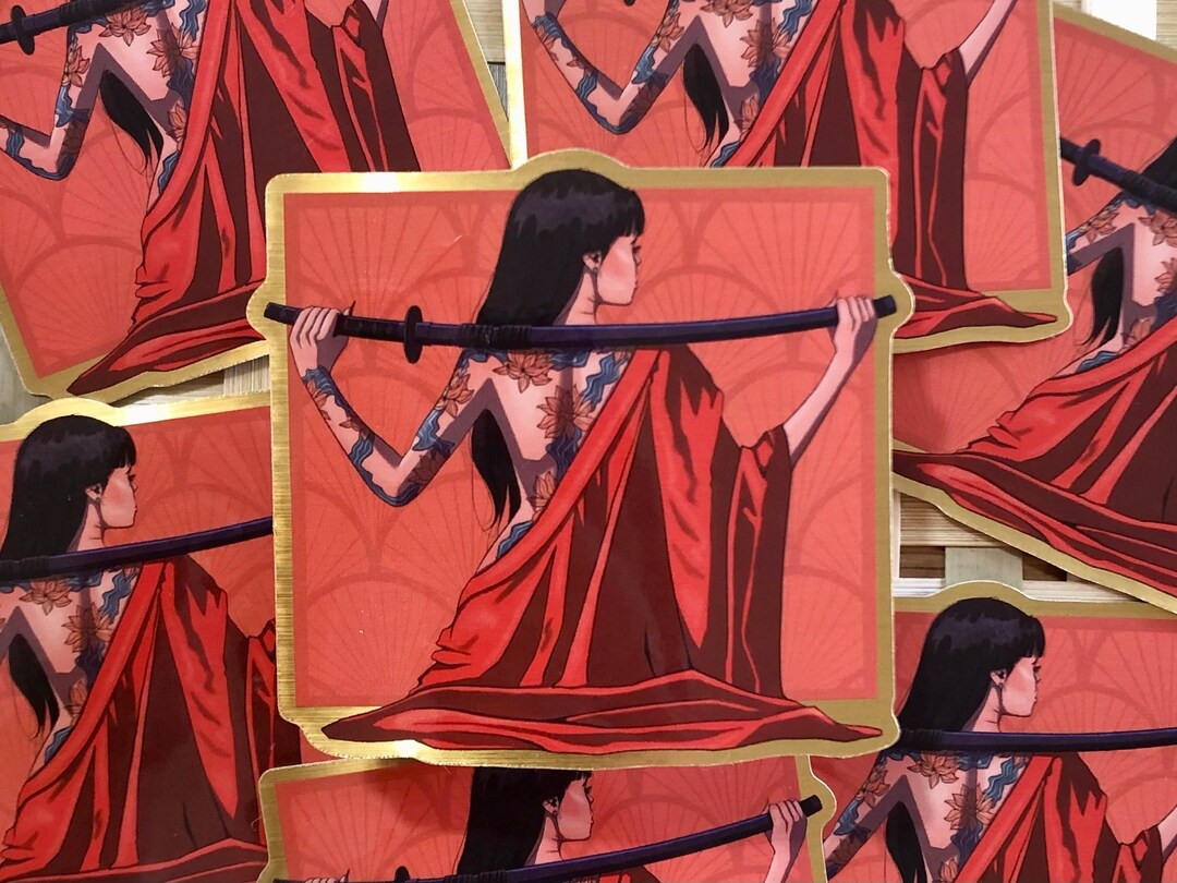 Katana and Tattoos Girl Gold Brushed Sticker - Japanese Inspired Art ...