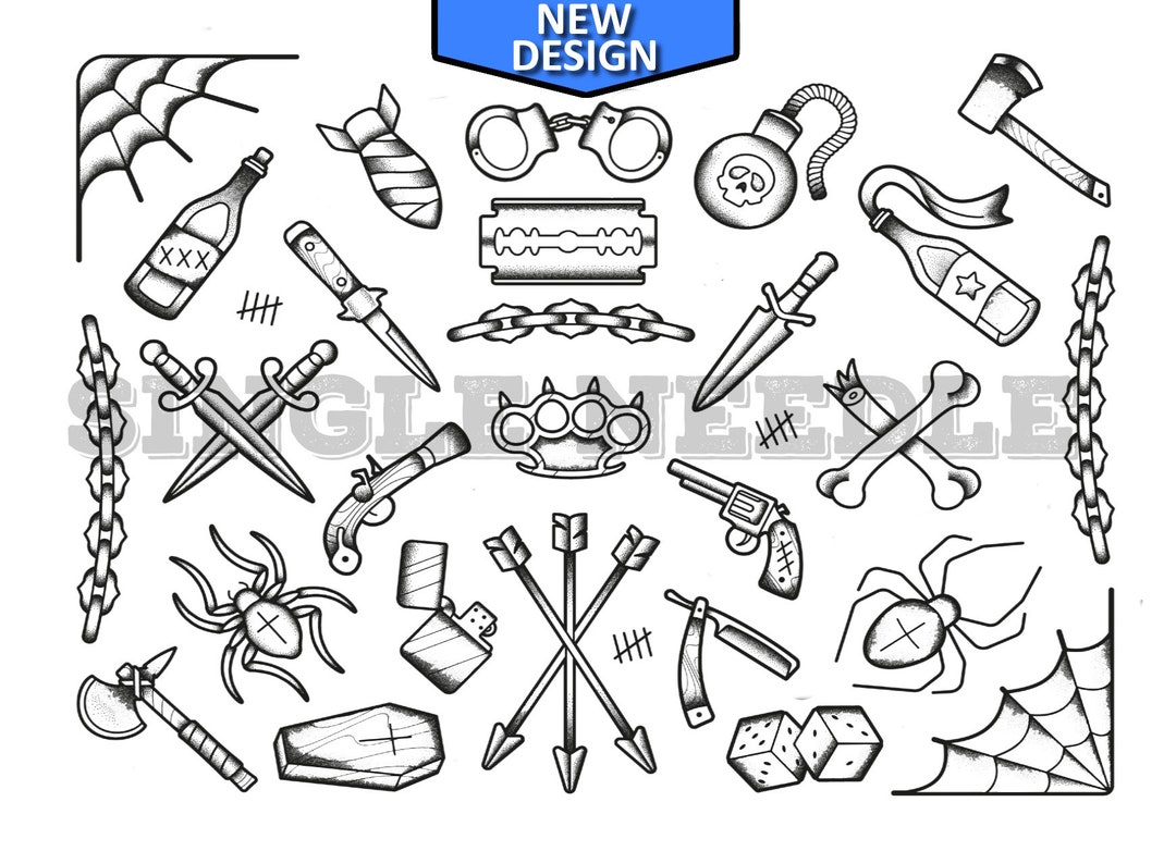 Traditional Old School Tattoo Flash Sheet Stencil for Real Stick and ...