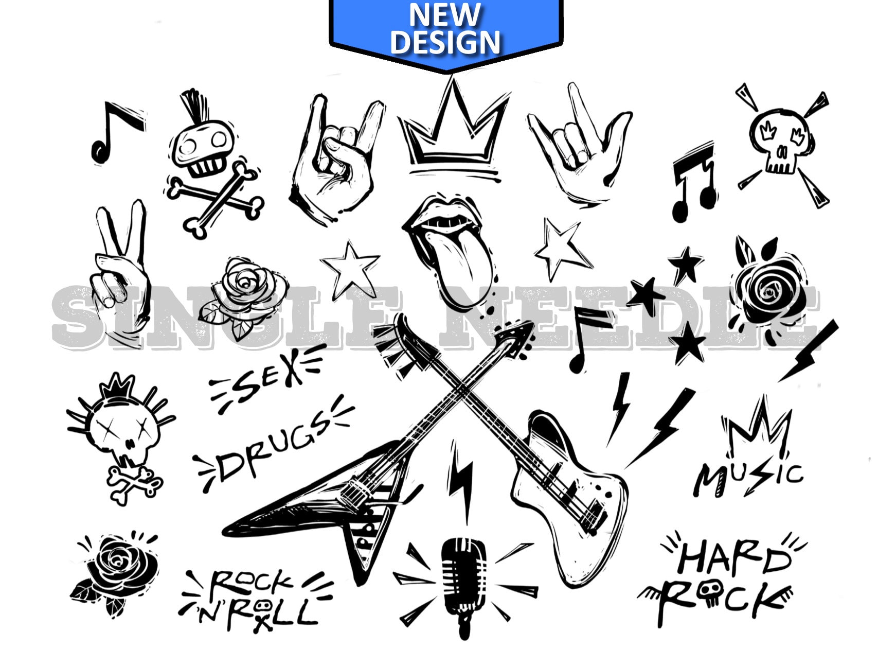 Festival Rock Music Tattoo Flash Sheet Stencil for Real Stick and Poke ...