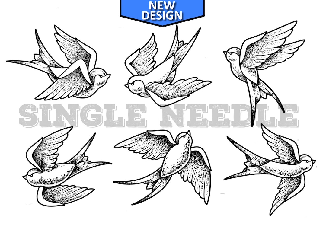 Birds Swallows Tattoo Flash Sheet Stencil for Real Stick and Poke ...