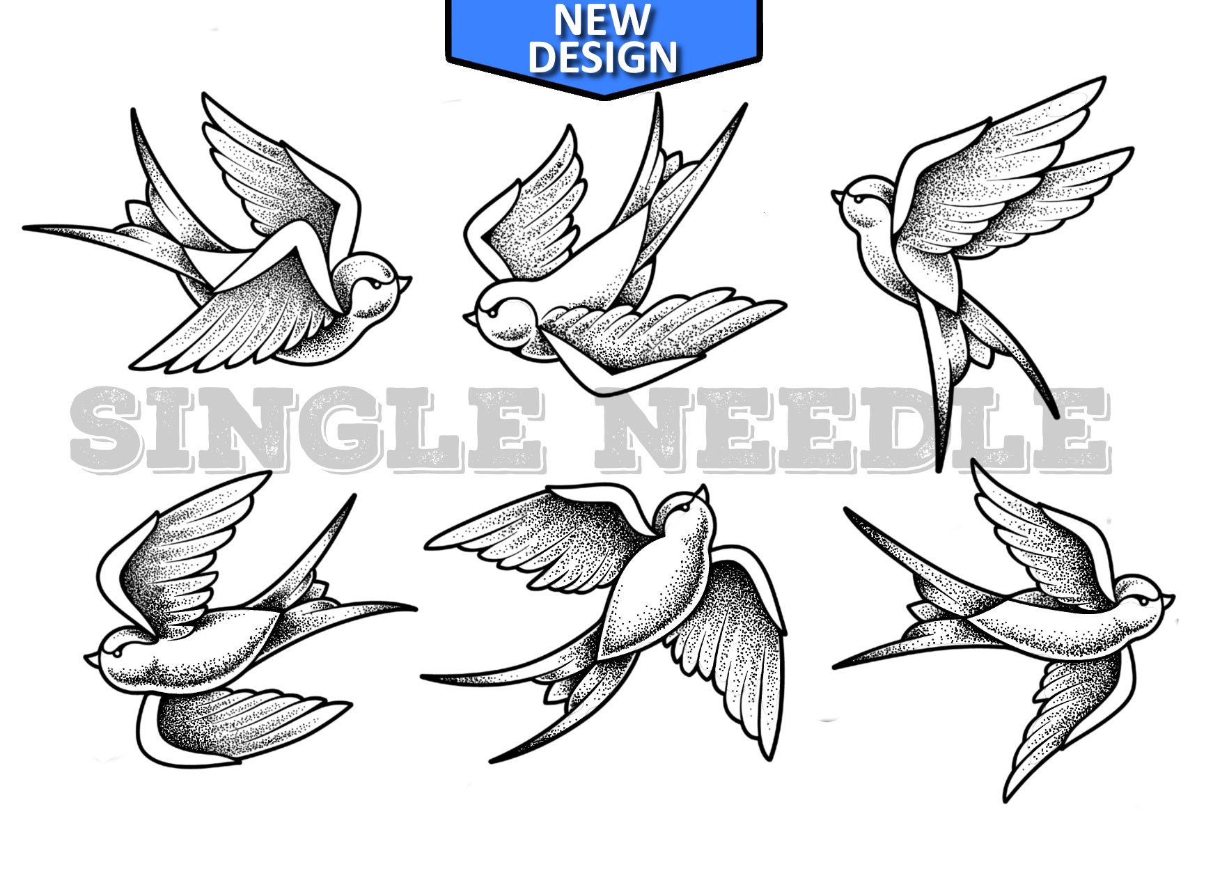 Birds Swallows Tattoo Flash Sheet Stencil for Real Stick and Poke ...
