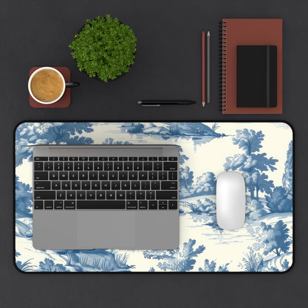 Blue Toile Floral Desk Mat, Back to School Preppy Desk Accessory, Quiet ...
