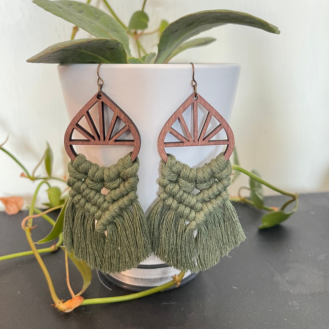 Macrame Earrings Green With Wood - Etsy