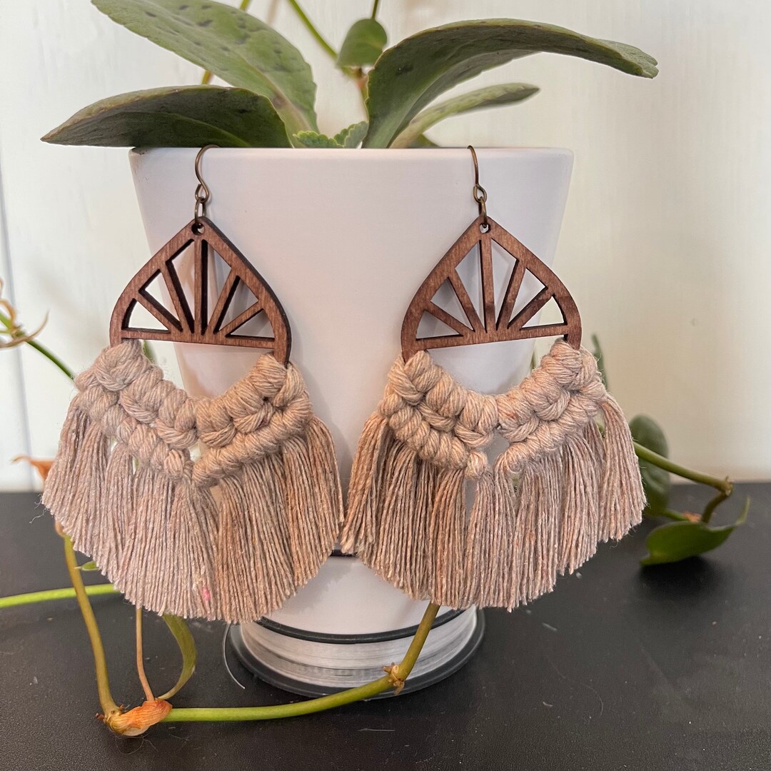 Macrame Earrings Tan With Wood - Etsy