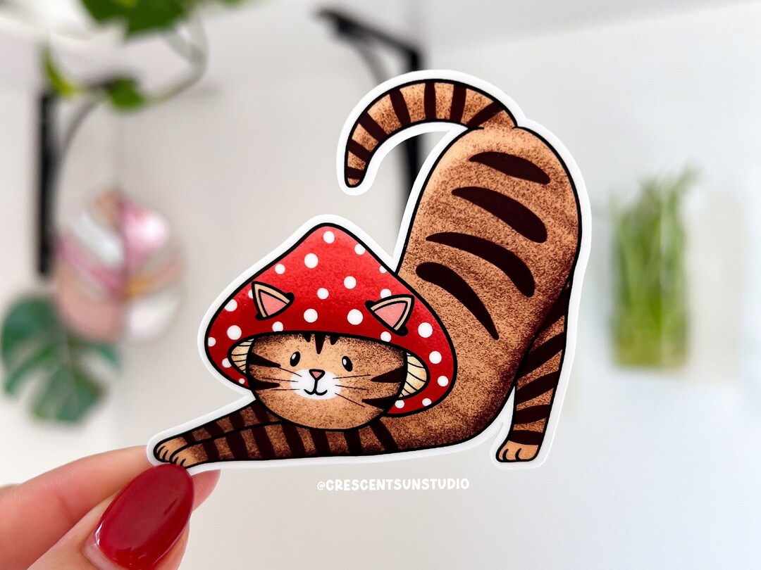 Mushroom Cat Sticker, Brown Tabby Water Bottle Decal, Pet Sticker Cute ...