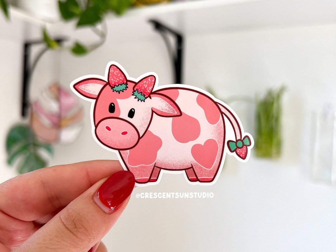 Strawberry Cow Sticker, Kawaii Animal Water Bottle Decal, Cute ...