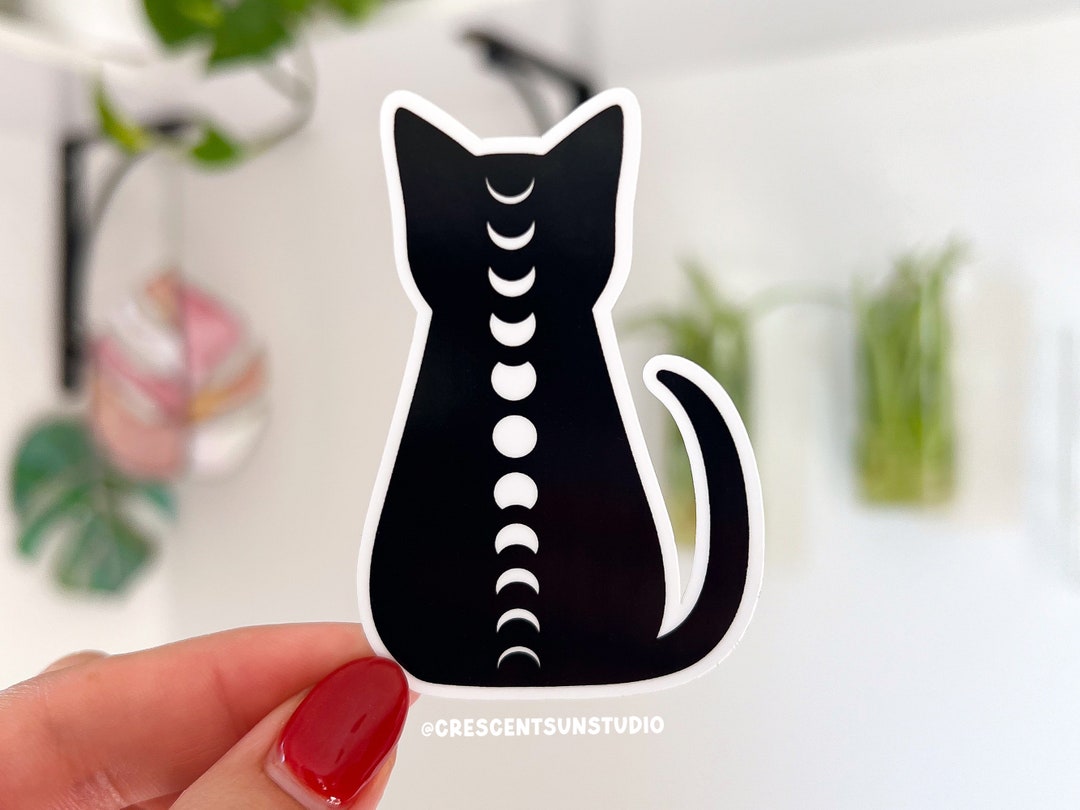 Witchy Cat Sticker, Moon Phase Water Bottle Decal, Pet Cat Sticker ...