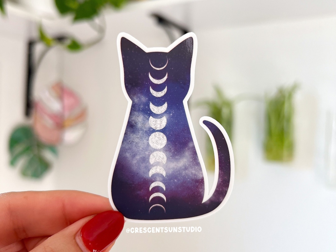 Galaxy Cat Sticker, Moon Phase Water Bottle Decal, Celestial Kitty ...