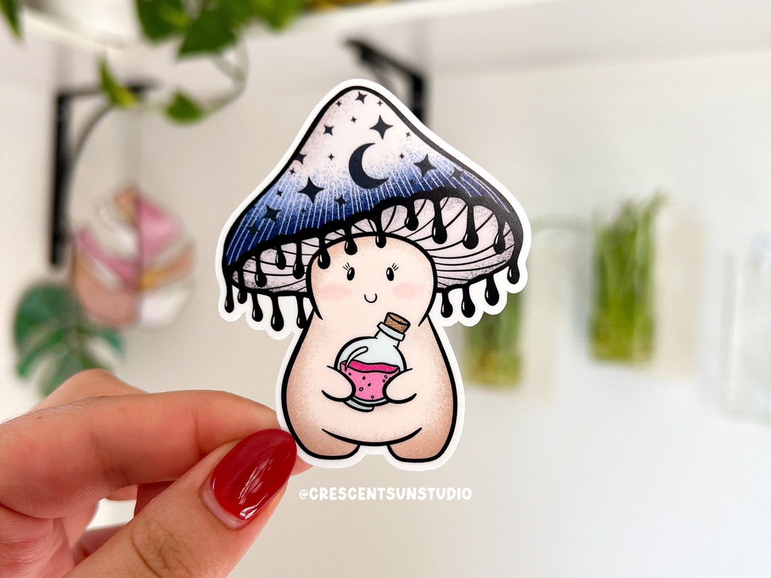 Inky Cap Mushroom Sticker, Witch With Potion Water Bottle Decal Cute ...
