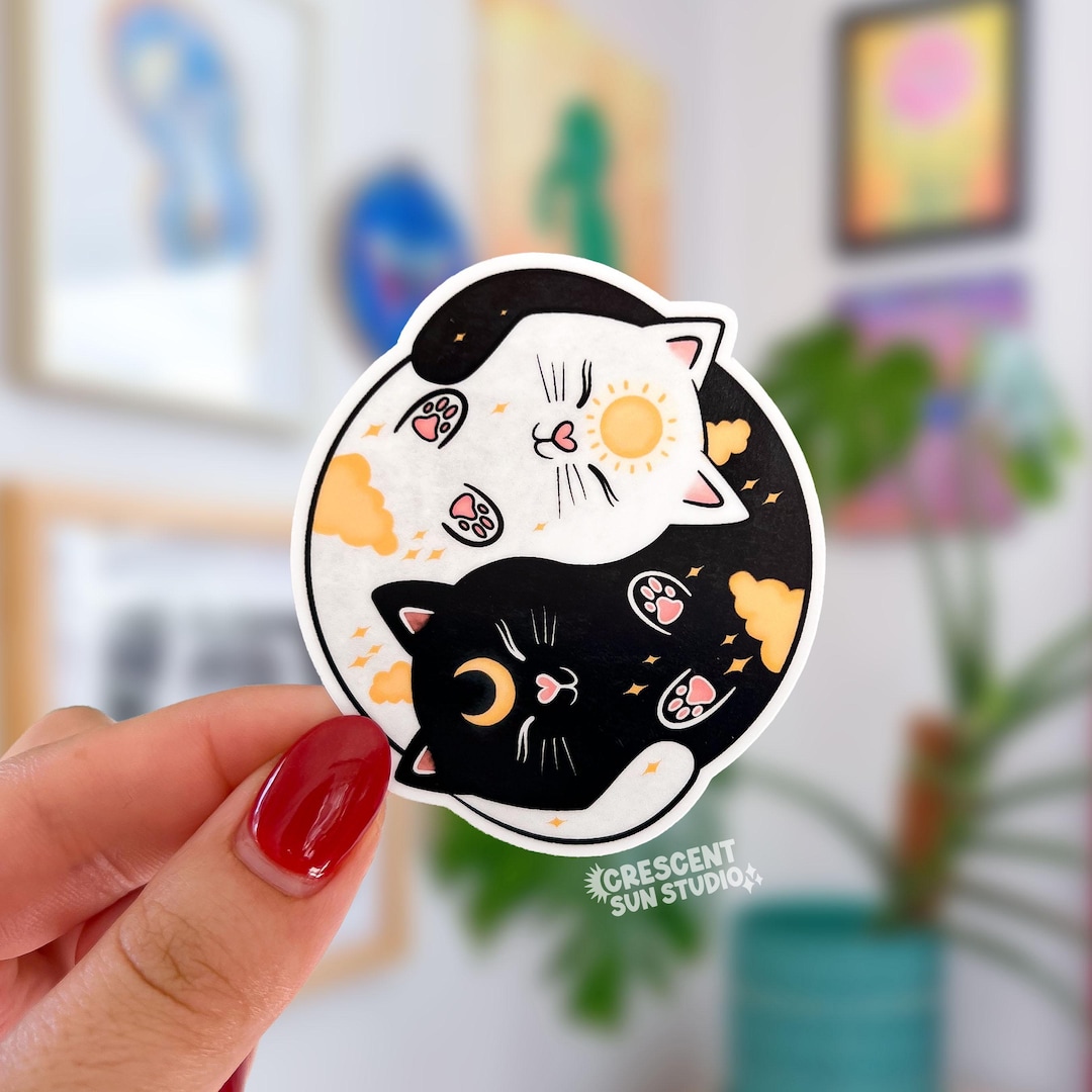 Cat Yin Yang Sticker, Cute Cat Water Bottle Sticker, Sun and Moon Cats ...