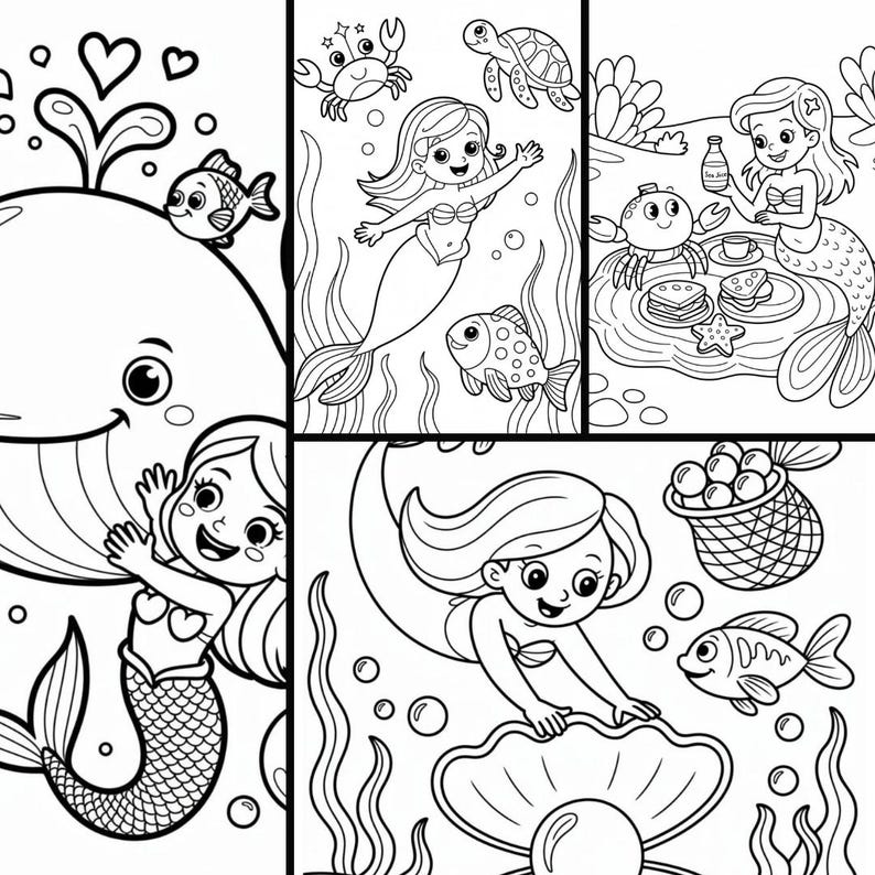 Mermaid Coloring Pages for Kids, Cute Printable Mermaid Adventures ...