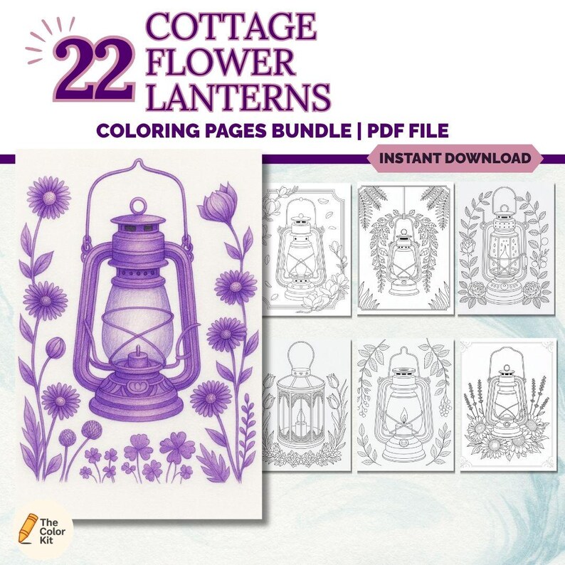 Cottage Lantern Coloring Pages | Floral Lantern Art (digital Download ...