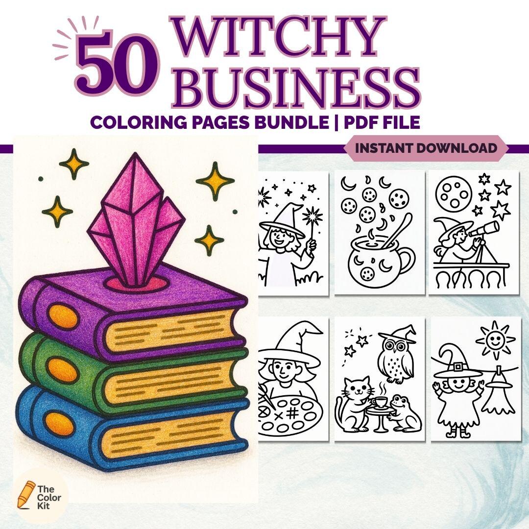 Witchy Coloring Book – 50 Pages, Thick Line Designs (PDF Download) - Etsy