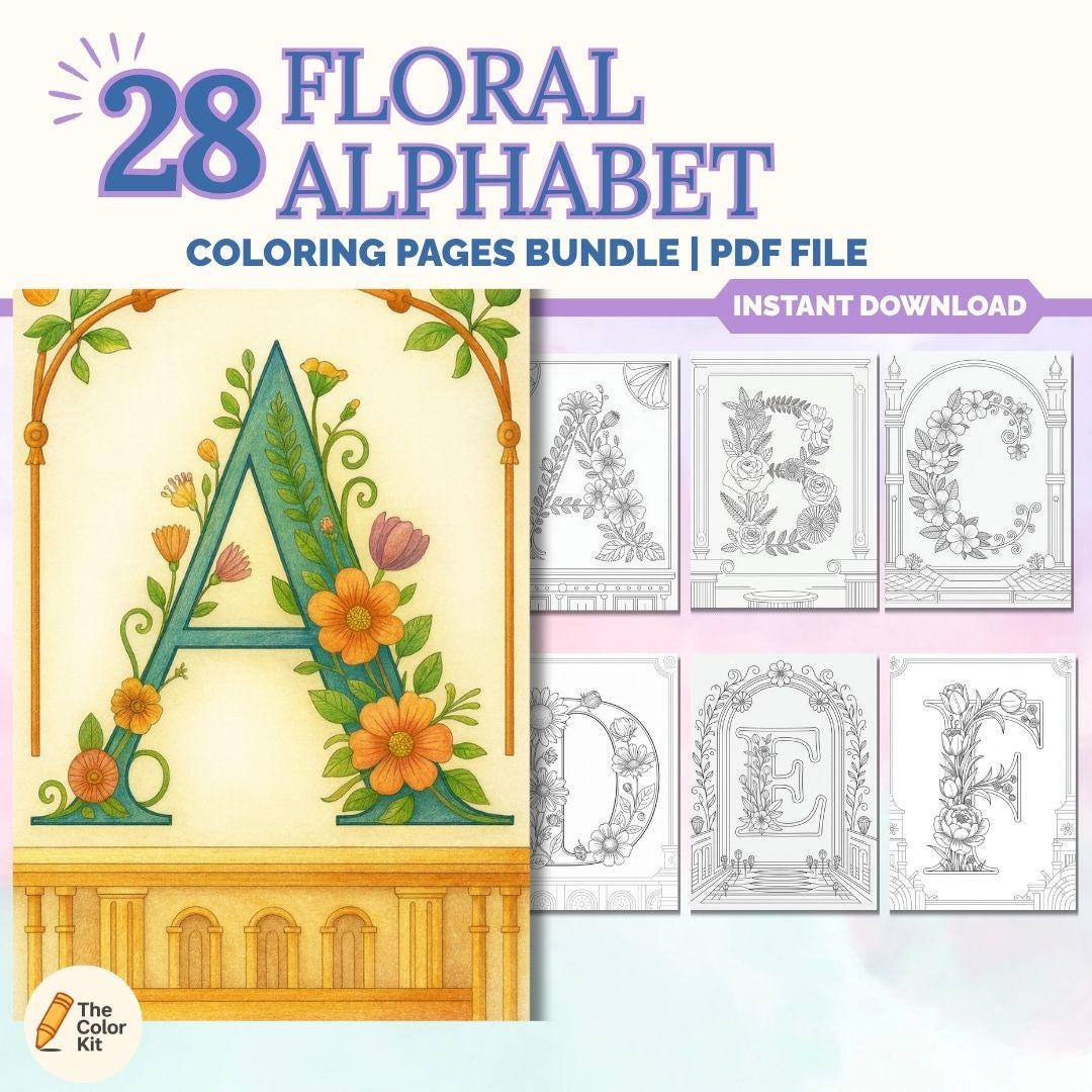 Floral Alphabet Coloring Pages A-Z | Botanical Letters (digital ...
