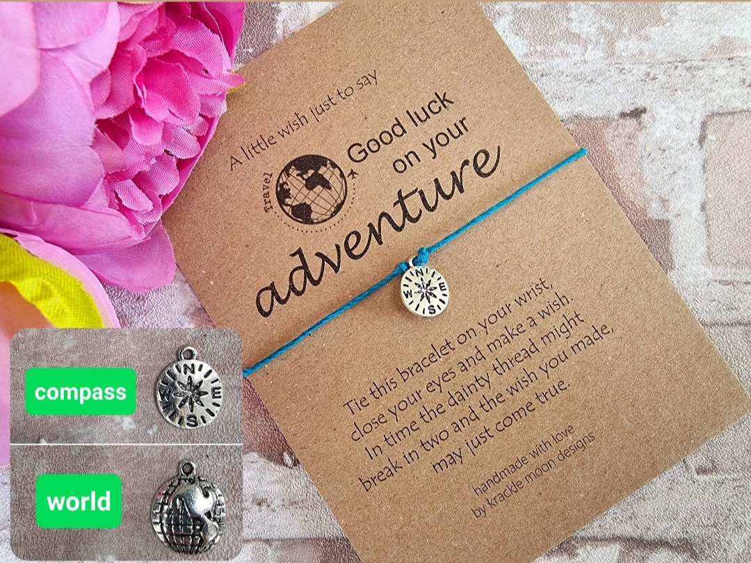 Adventure Wish Bracelet, Safe Travels Gift, Compass or World Charm ...