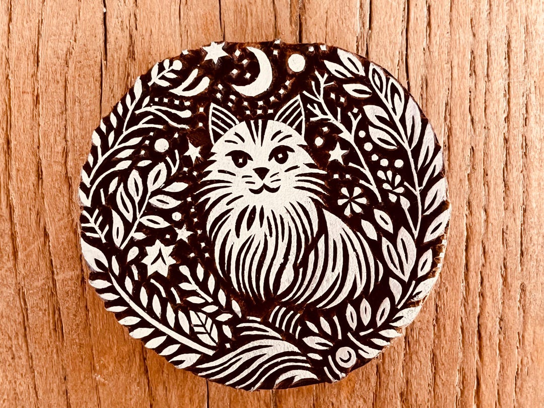 Cat Night Garden Flower Whimsical Stamp for Ceramics, Paper/textiles ...