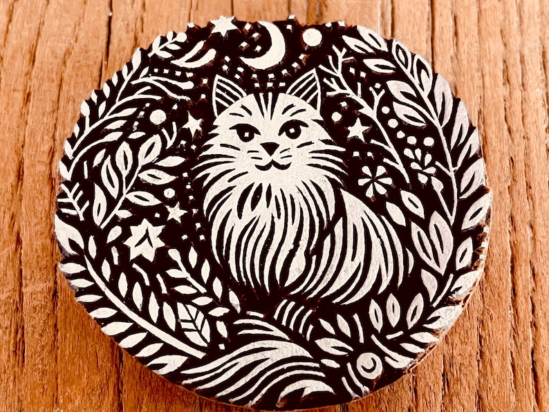 Cat Night Garden Flower Whimsical Stamp for Ceramics, Paper/textiles ...
