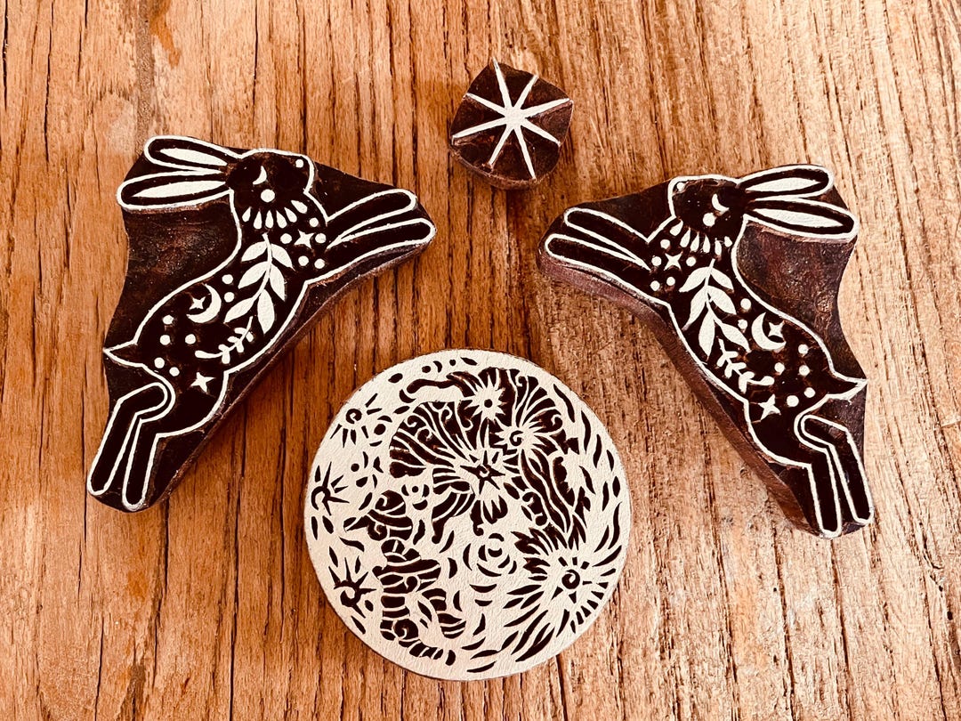 Rosewood Leaping Bunny Stamp, Scandinavian Folk Art, Moon Star Design ...